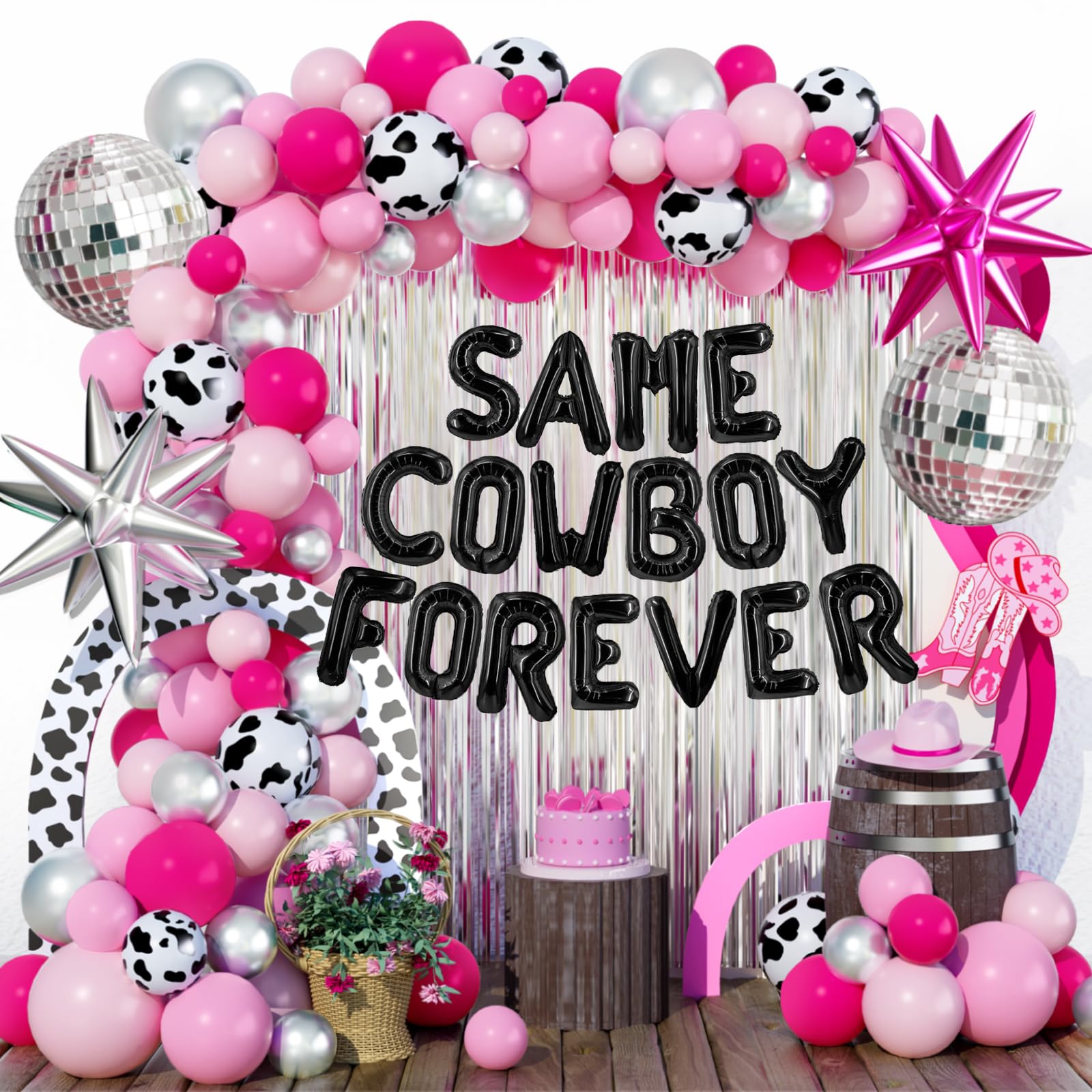 Party Inspo Same Cowboy Forever Bachelorette Decorations, Western Disco Cowgirl Bachelorette Party Decorations, Nashville Bridal Shower Decorations Fringe Curtain Balloon Pink Silver Black