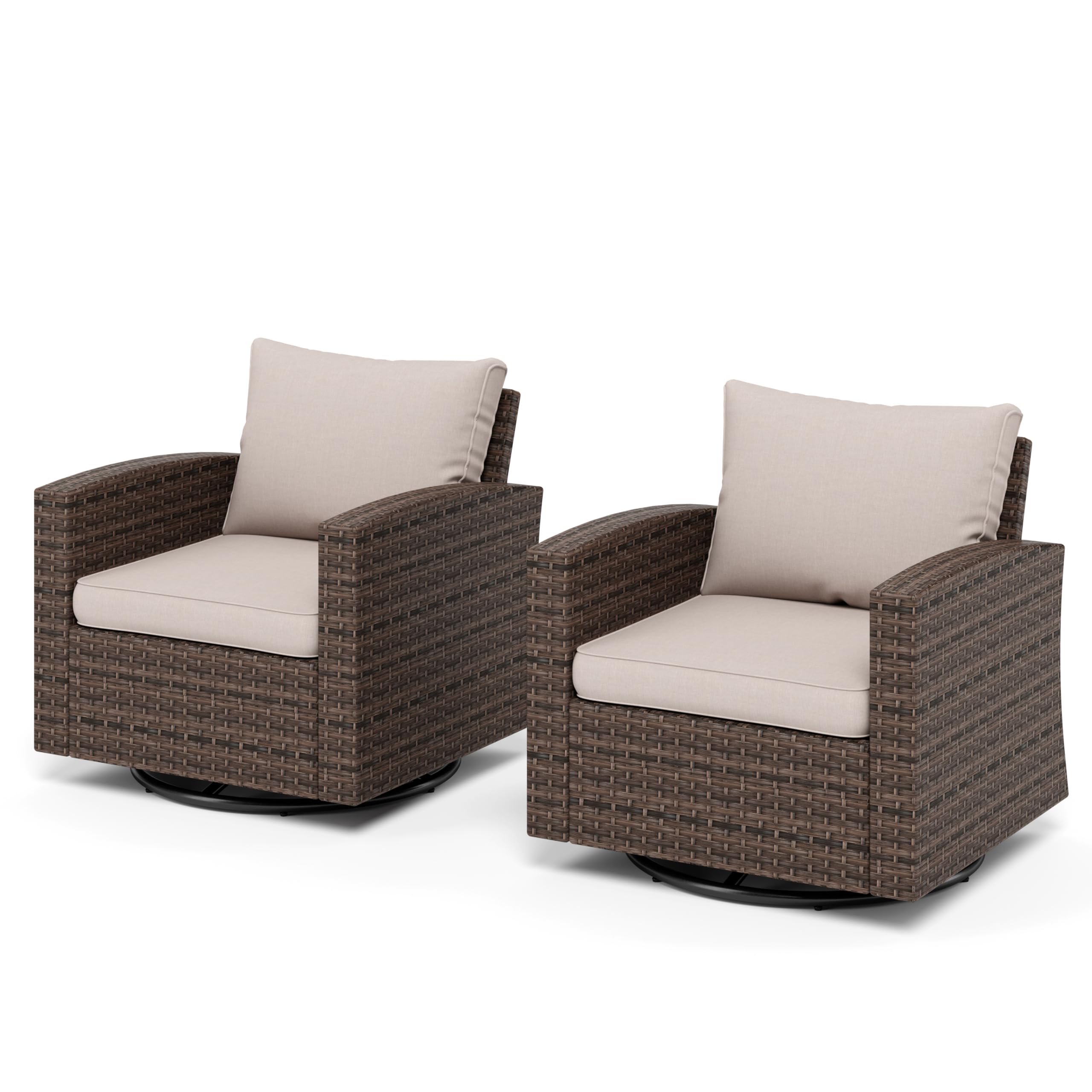 SUNSHINE VALLEY 2 Pieces Swivel & Glider Chair, Outdoor Patio Conversation Set with Brown Premium Wicker Rattan and 4" Thick Cushions for Garden,Lawn, Backyard,Beige