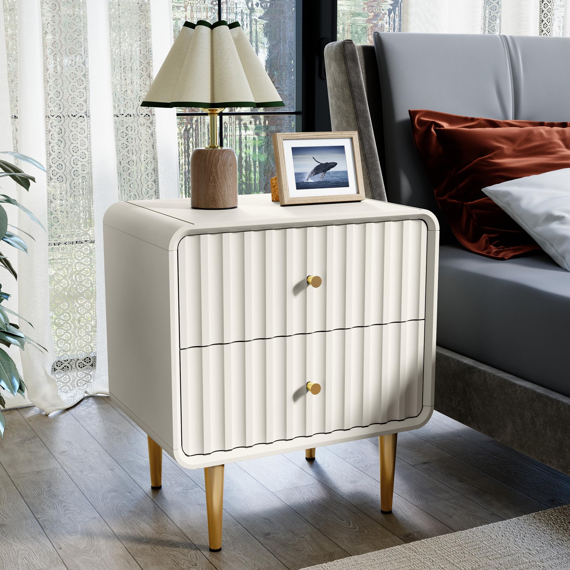 HLR Modern Nightstand Set of 2, Fluted Bed Side Table with 2 Drawers Storage, Wood End Table with Gold Metal Handle, White Night Stands for Bedroom