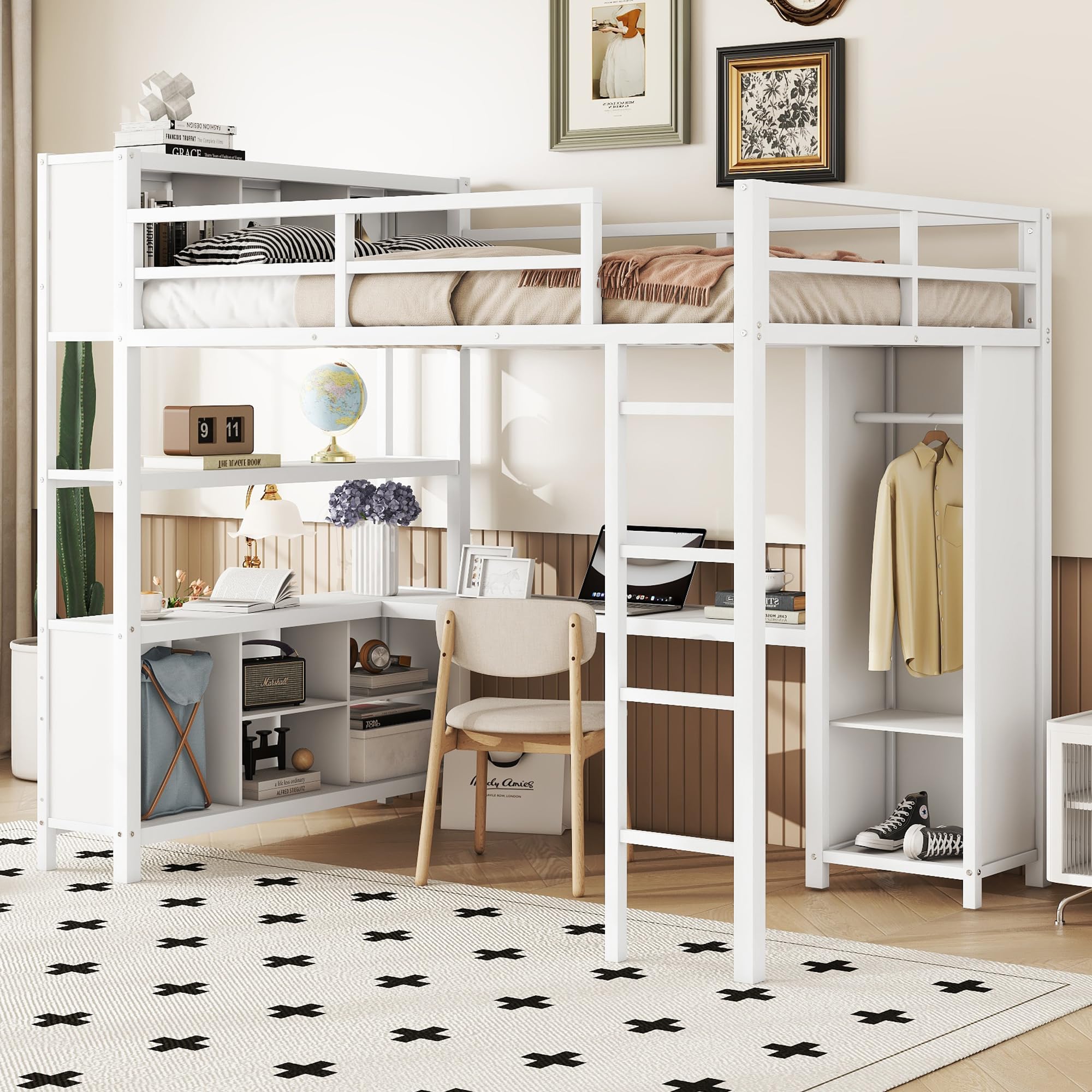 Linique Full Size Metal Loft Bed with L-Shape Desk, Wardrobe and Storage Shelves, Full Length Guardrail and Ladder, White