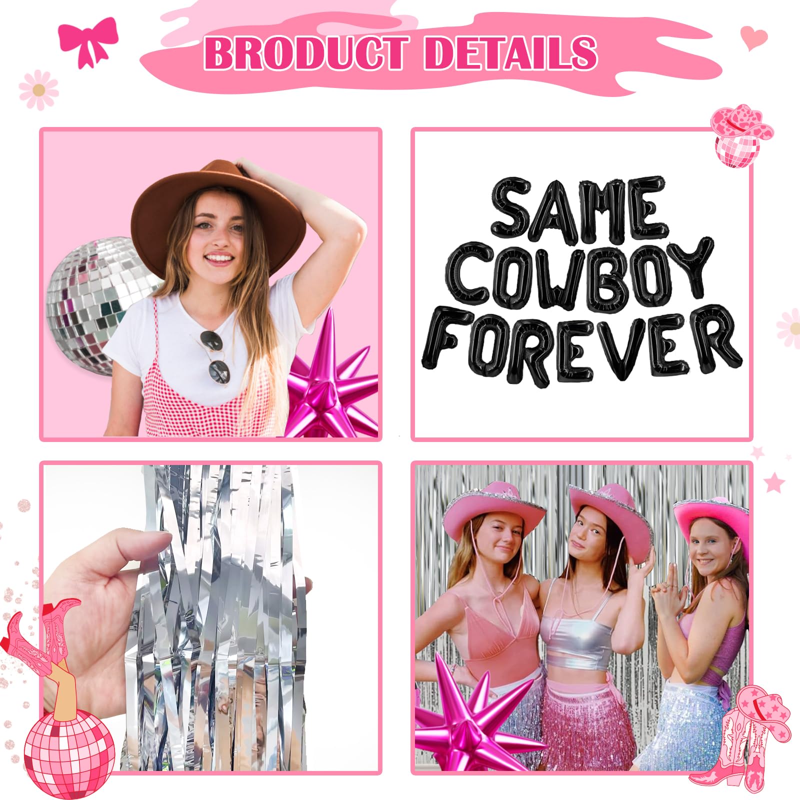 Party Inspo Same Cowboy Forever Bachelorette Decorations, Western Disco Cowgirl Bachelorette Party Decorations, Nashville Bridal Shower Decorations Fringe Curtain Balloon Pink Silver Black