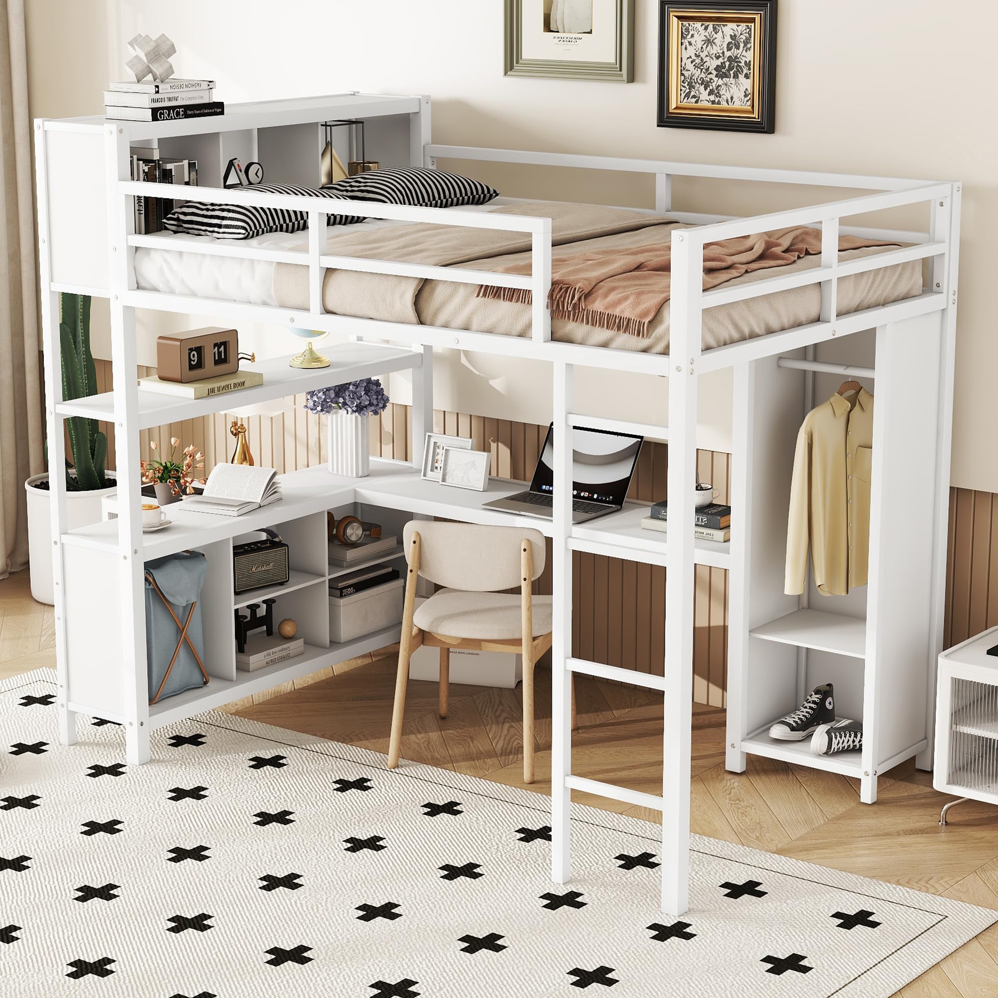 Linique Full Size Metal Loft Bed with L-Shape Desk, Wardrobe and Storage Shelves, Full Length Guardrail and Ladder, White