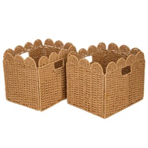 paper rope storage baskets，wicker baskets,folding 2 packs handmade woven baskets, paper rope basket for shelf,seagrass baskets,shelf baskets for storage toys books and clothes.