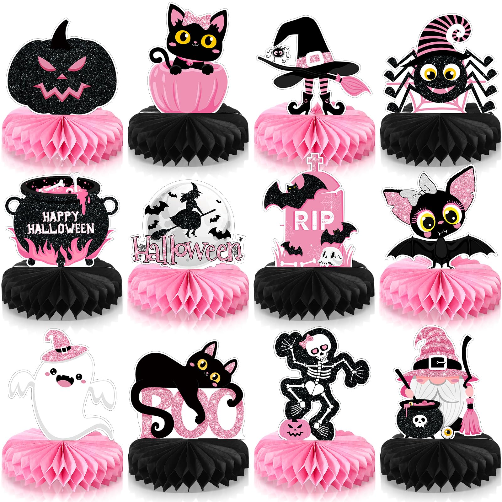 Containlol 12 Pcs Pink Halloween Baby Shower Decorations Halloween Honeycomb Centerpieces Pink Black Halloween Table Decor Halloween Birthday Table Toppers for Baby Shower Girls Party Table Decor