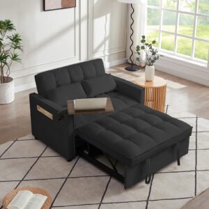 jeeohey 3 in 1 sleeper sofa bed,47" velvet tufted futon pull out couch bed,2 seater loveseat chaise lounge with reclining adjustable backrest&table for living room,apartment,office,small space(black)