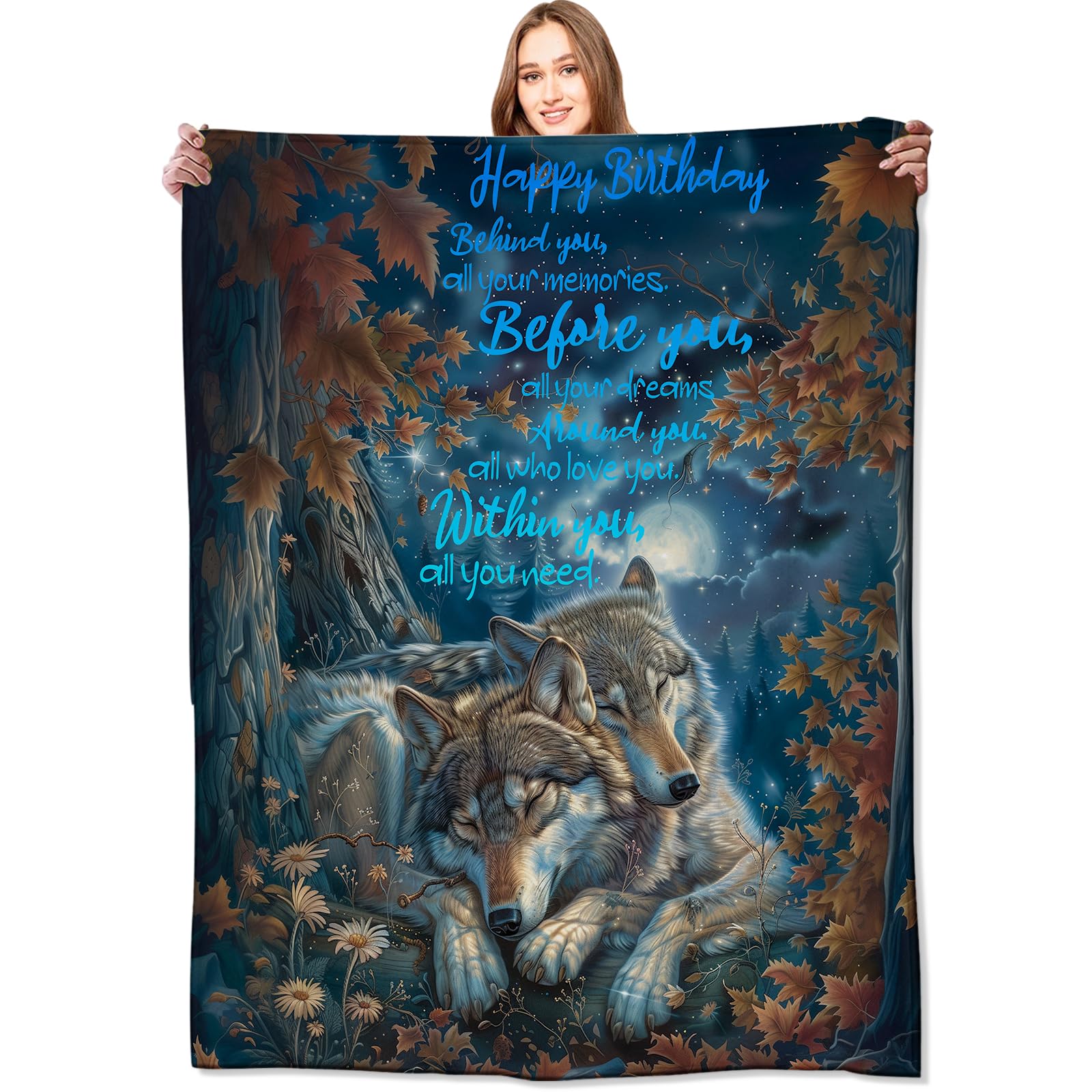 VODRM Birthday Gifts,Unique Best Gift Blanket 60x80in for Daughter Son,Wolf and Moon Blankets,Ideas for Boys Nephew Girls Niece Lightweight Throw,Happy Festival Party Room Decor