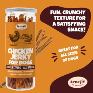 Benefit Pet Products Chicken Jerky for Dogs, Rawhide Free, Single Ingredient, Dog Jerky Sticks - Real Chicken, Healthy Dog Treats, Easily Digestible, Made in USA (6oz jar)