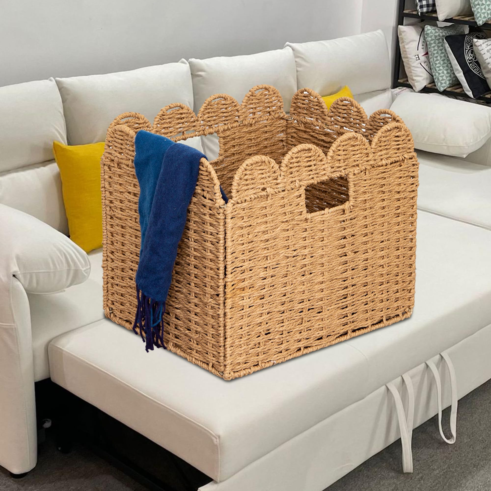 Paper rope Storage Baskets，Wicker Baskets,Folding 2 Packs Handmade Woven baskets, paper rope Basket For Shelf,Seagrass Baskets,Shelf Baskets For Storage Toys Books And Clothes.