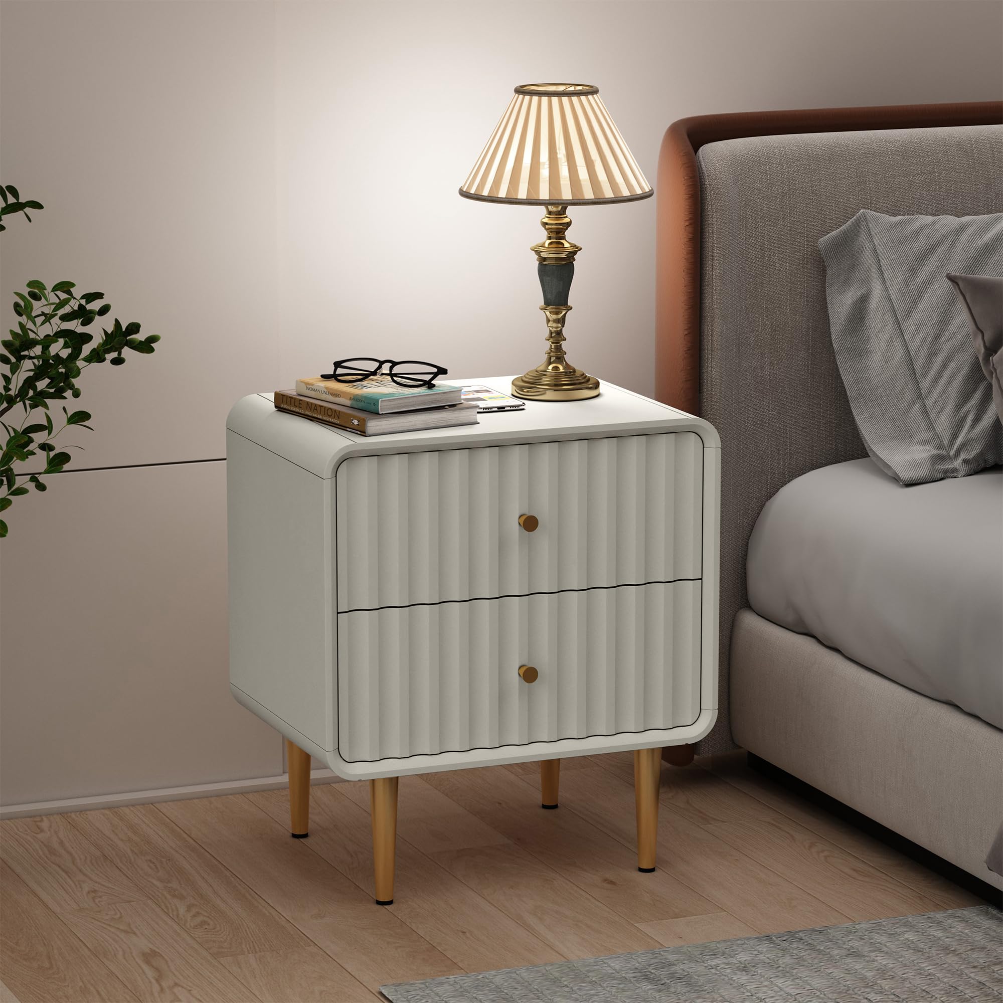 HLR Modern Nightstand Set of 2, Fluted Bed Side Table with 2 Drawers Storage, Wood End Table with Gold Metal Handle, White Night Stands for Bedroom