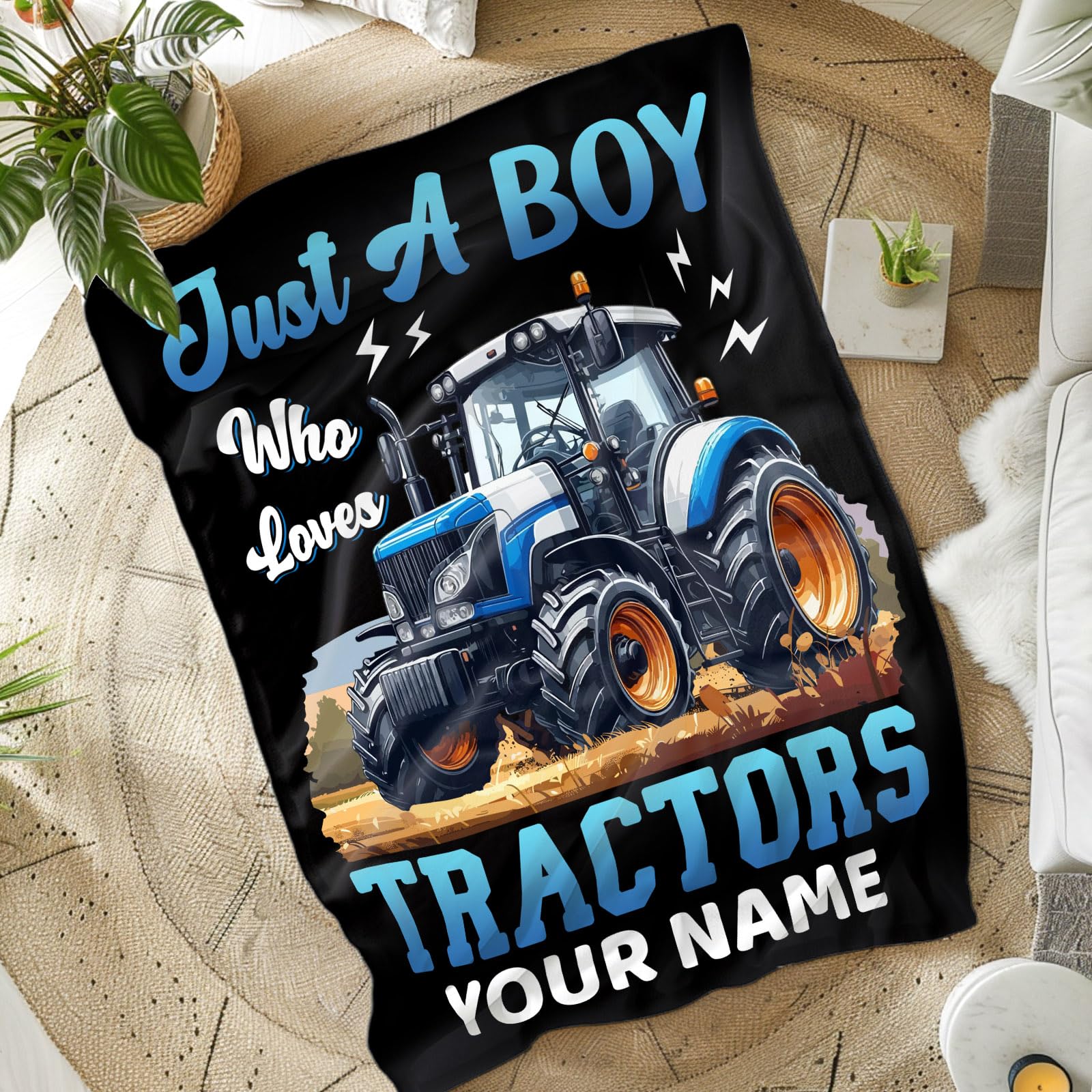 Custom Tractor Blanket for Boy with Name, 50 x 40 Inches Kids Blanket for Kids, Just A Boy Who Loves Tractors, Cozy Flannel Throw Blanket Gift, Soft Black Truck Throws for Couch Sofa Tractor Party