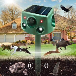 ultrasonic solar animal repeller for yard, 3 modes outdoor cat squirrel repellent with motion sensor & flashing light, 360° animals deterrent for squirrel bird deer cat skunk dog for yard garden