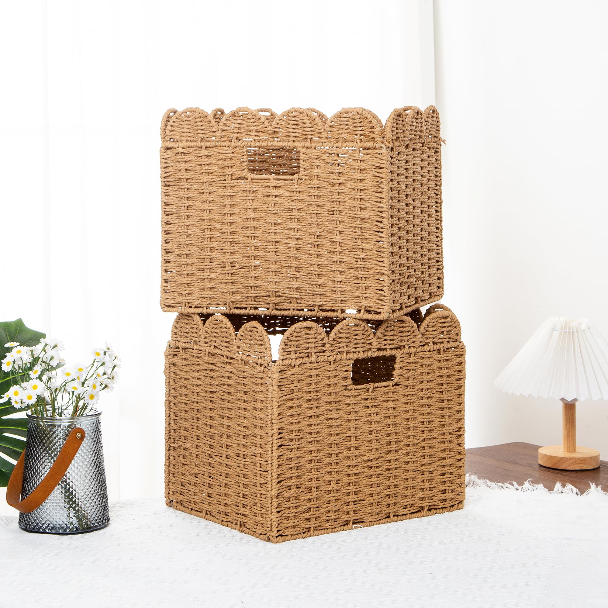 Paper rope Storage Baskets，Wicker Baskets,Folding 2 Packs Handmade Woven baskets, paper rope Basket For Shelf,Seagrass Baskets,Shelf Baskets For Storage Toys Books And Clothes.