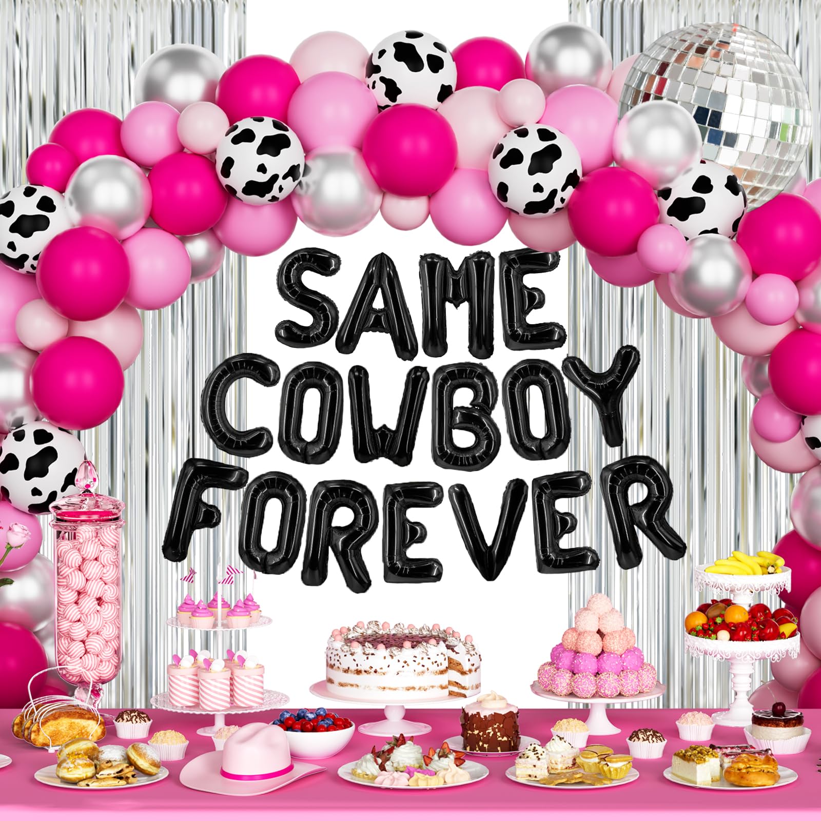 Party Inspo Same Cowboy Forever Bachelorette Decorations, Western Disco Cowgirl Bachelorette Party Decorations, Nashville Bridal Shower Decorations Fringe Curtain Balloon Pink Silver Black