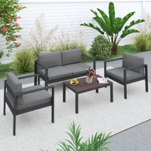 woajnqo aluminum patio furniture set 4 pcs outdoor couch with coffee table patio conversation sets loveseat patio sectional chat sofa with cushions for lawn, garden,balcony,backyard and deck (grey)