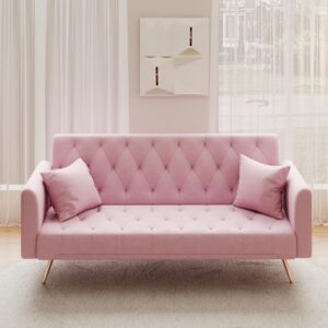 TZXTW Comfy Loveseat with Adjustable backrest,Convertible Sleeper Sofa Bed with Gold Leg and 2 Pillows,Upholstered Futon Sofa,Small Couches for Small Spaces,Living Room,Bedroom,Apartment,Office,Pink