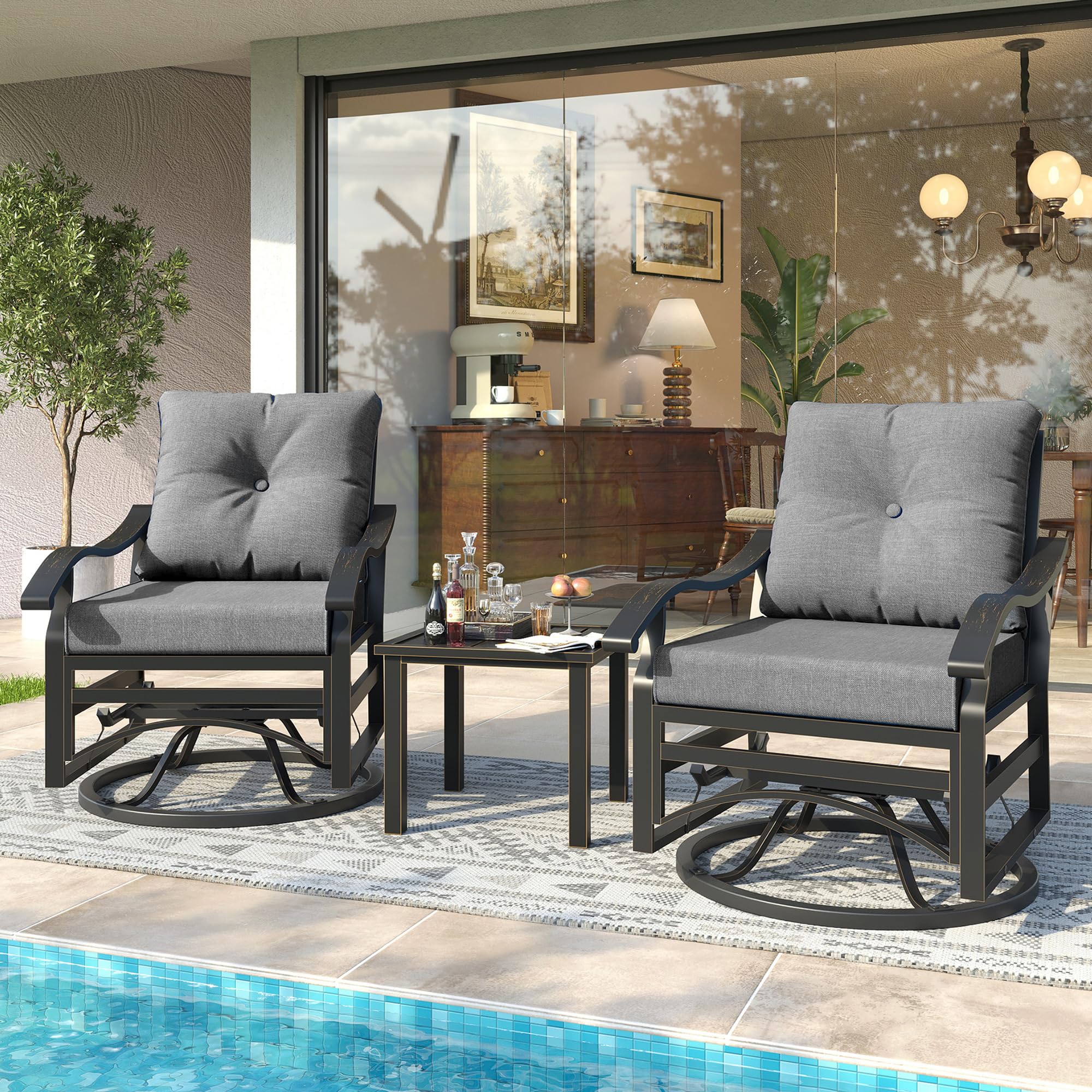 UDPATIO Outdoor Swivel Rocker Chairs, 3 Piece Metal Patio Rocking Chairs with Grey Padded Cushions Patio Bistro Furniture Set with Side Table for Porch Balcony Backyard, Grey