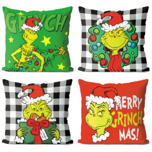 merry christmas throw pillow covers 18 x 18 inches merry girnchmas buffalo plaid pillowcase happy new year farmhouse pillow case xmas decoration for living room sofa bed home set of 4 (christmas-03)