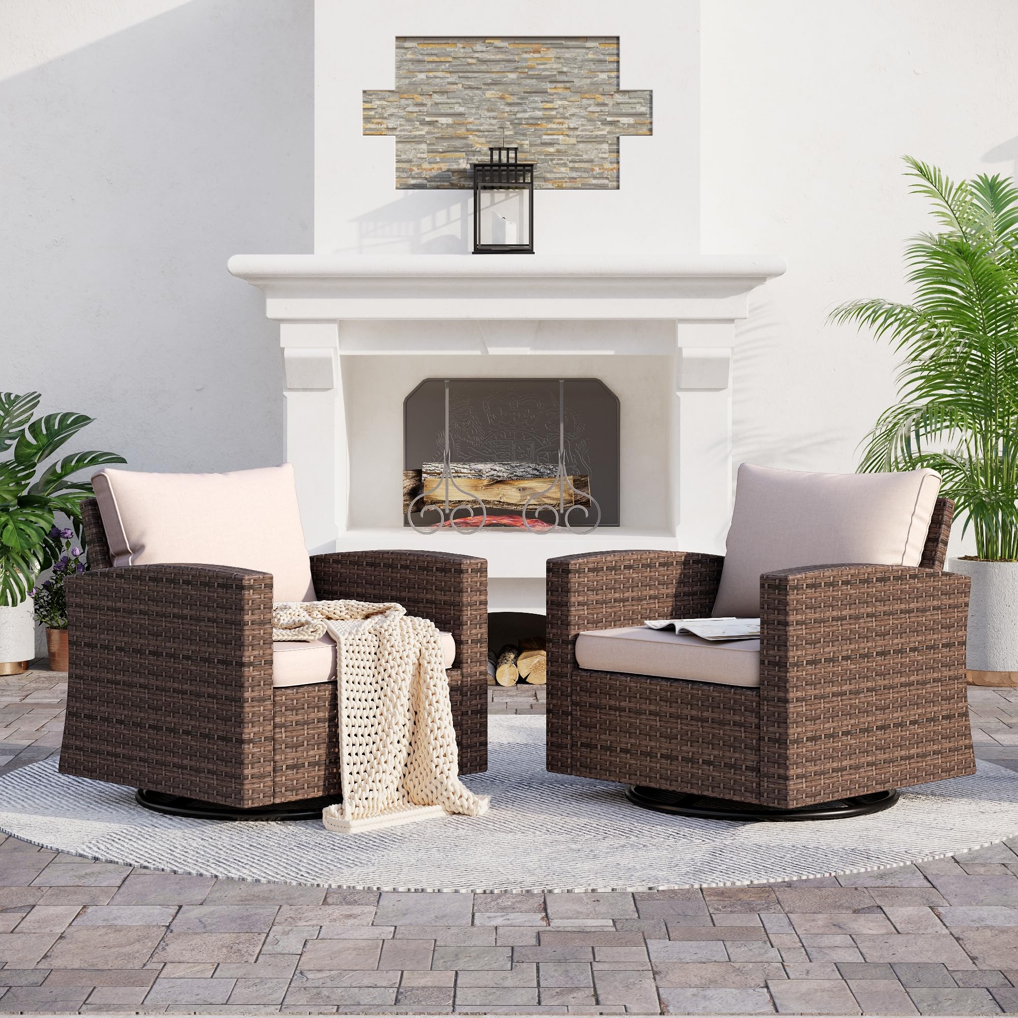 SUNSHINE VALLEY 2 Pieces Swivel & Glider Chair, Outdoor Patio Conversation Set with Brown Premium Wicker Rattan and 4" Thick Cushions for Garden,Lawn, Backyard,Beige