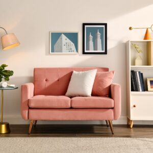 tzxtw small couches for small spaces, modern loveseat sofa with gold iron legs, mid century decor love seat, button tufted linen fabric 2 seat sofa, for living room, bedroom, apartment, office,pink