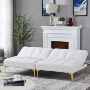 TZXTW Convertible Sofa Bed,Modern Couch Sleeper with Gold Metal Legs and Two Throw Pillows,Double Folding Futon Sofa,Loveseat,Small Couches for Small Spaces,Living Room,Bedroom,Apartment,Office,White