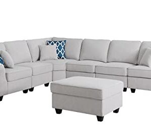 Favfurish 125" Linen 7-Piece Modular L-Shaped Sectional Sofa with Ottoman, Customizable Couch with Pocket Coil Seating and 6 Accent Pillows for Living Room or Family Room,Light Gray