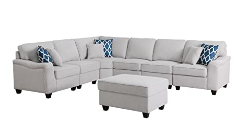 Favfurish 125" Linen 7-Piece Modular L-Shaped Sectional Sofa with Ottoman, Customizable Couch with Pocket Coil Seating and 6 Accent Pillows for Living Room or Family Room,Light Gray