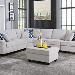 Favfurish 125" Linen 7-Piece Modular L-Shaped Sectional Sofa with Ottoman, Customizable Couch with Pocket Coil Seating and 6 Accent Pillows for Living Room or Family Room,Light Gray