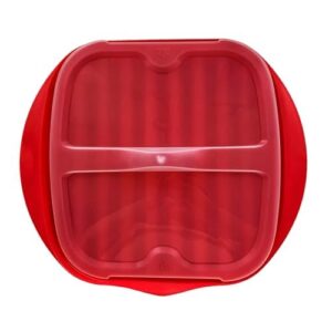 microwave bacon tray with splatter lid,(red) safety, quick and with no mess, microwave bacon cooker make crispy bacon in few minutes