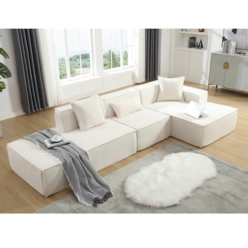 L-Shaped Combination Cloud Sofa Minimalist Modular Sectional Couch Towelling Fabric Floor Sofá 4-Seater Corner Couches Italian Tofu Block Corner Sofa&Couch, Right-Hand Facing Chaise Lounge