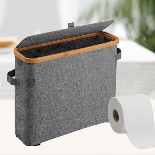 DimyFew Bamboo Toilet Paper Storage Toilet Paper Stand with Handle Container Large with Bamboo Lid for Living Room Restroom Kitchen, Gray