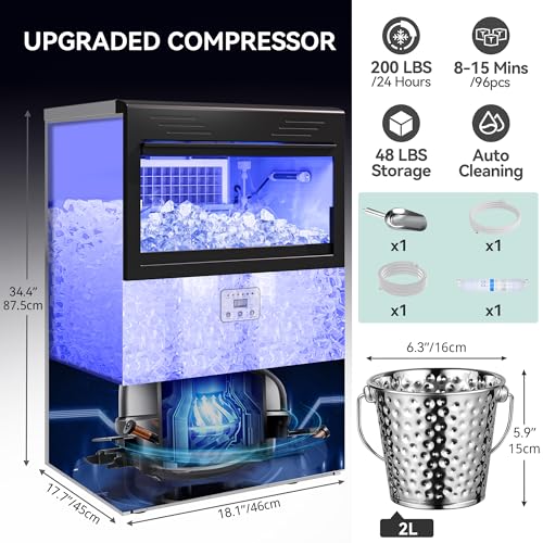 YITAHOME 200 LBS Commercial Ice Maker Machine Under Counter, Large Free Standing Ice Maker Undercounter for Home Bar Restaurants Bar with 48LBS Storage Bin Stainless Steel Ice Scoop Ice Bucket