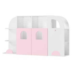 FOTOSOK Toy Storage Organizer with Truck Design, Kids Bookshelf with 12 Storage Cubbies and 2 Door, Toy Organizers and Storage for Playroom, Bedroom, School, Nursery, Pink and White