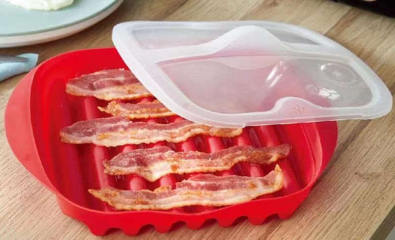 Microwave Bacon Tray with Splatter Lid,(red) Safety, Quick and with No Mess, Microwave Bacon Cooker Make Crispy Bacon in few Minutes