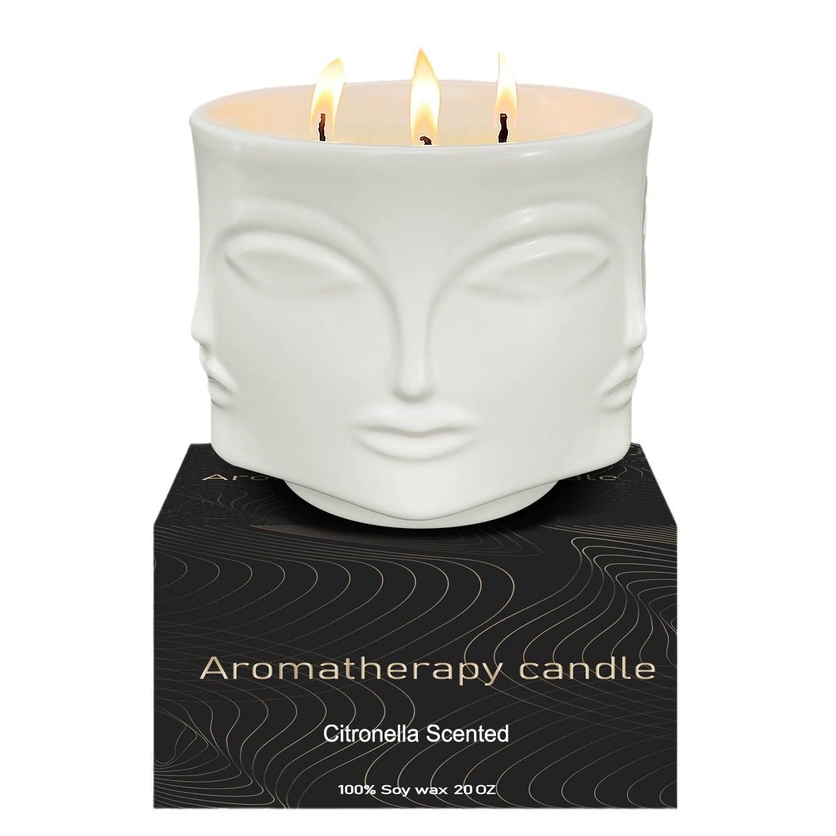 Citronella Candles Outdoor, YeeQue Aromatherapy Candle Long Lasting 100hrs with Ceramic Face Design for Outside Party Camping 20oz,3wicks