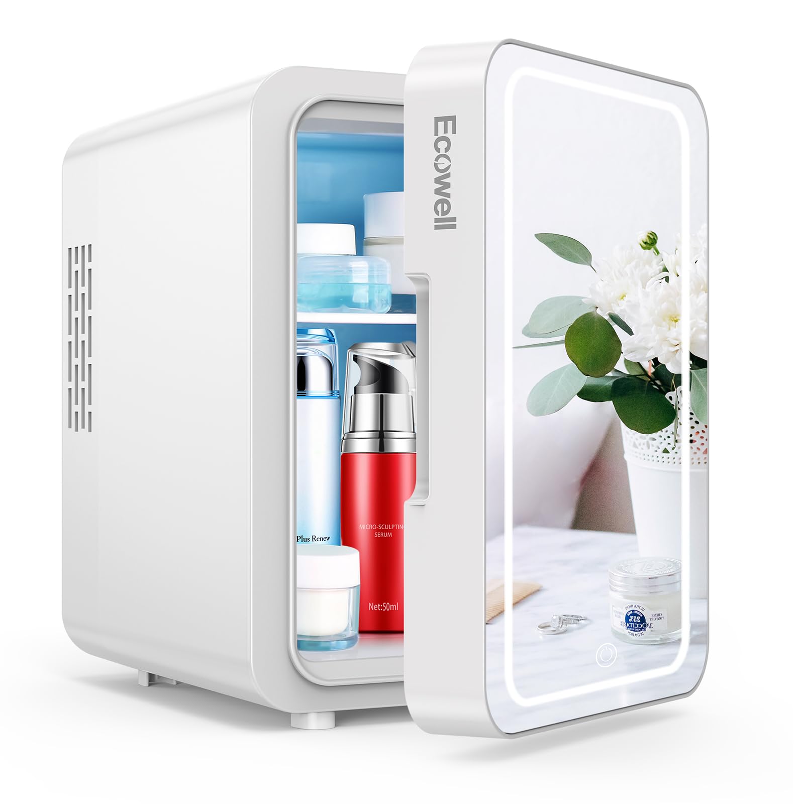 ECOWELL Mini Skincare Fridge with LED Mirror, 4L/6Can Skin Care Fridge for Makeup Cosmetic Beauty, Small Refrigerator for Bedroom Office Dorm Car, Cooler & Warmer, White