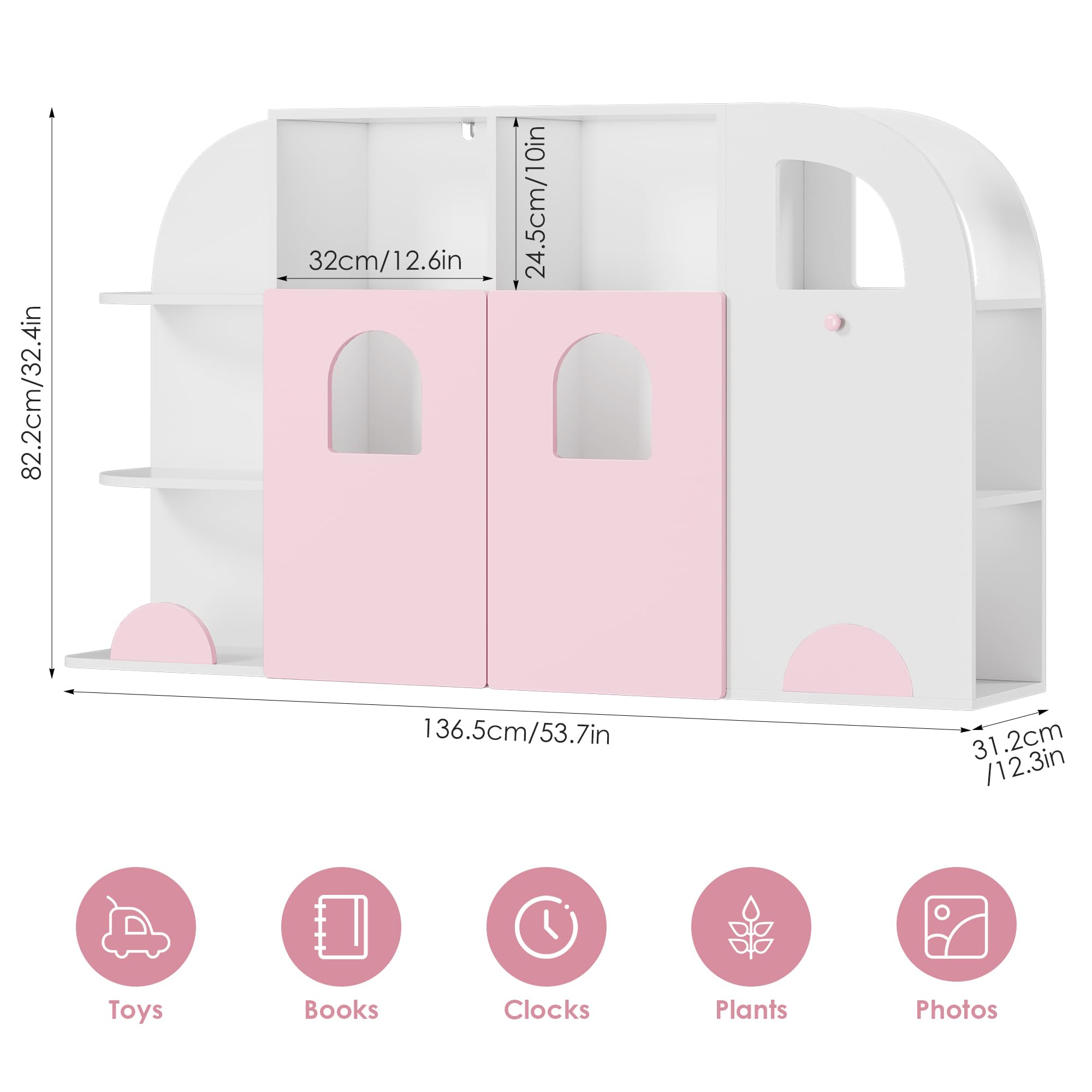 FOTOSOK Toy Storage Organizer with Truck Design, Kids Bookshelf with 12 Storage Cubbies and 2 Door, Toy Organizers and Storage for Playroom, Bedroom, School, Nursery, Pink and White