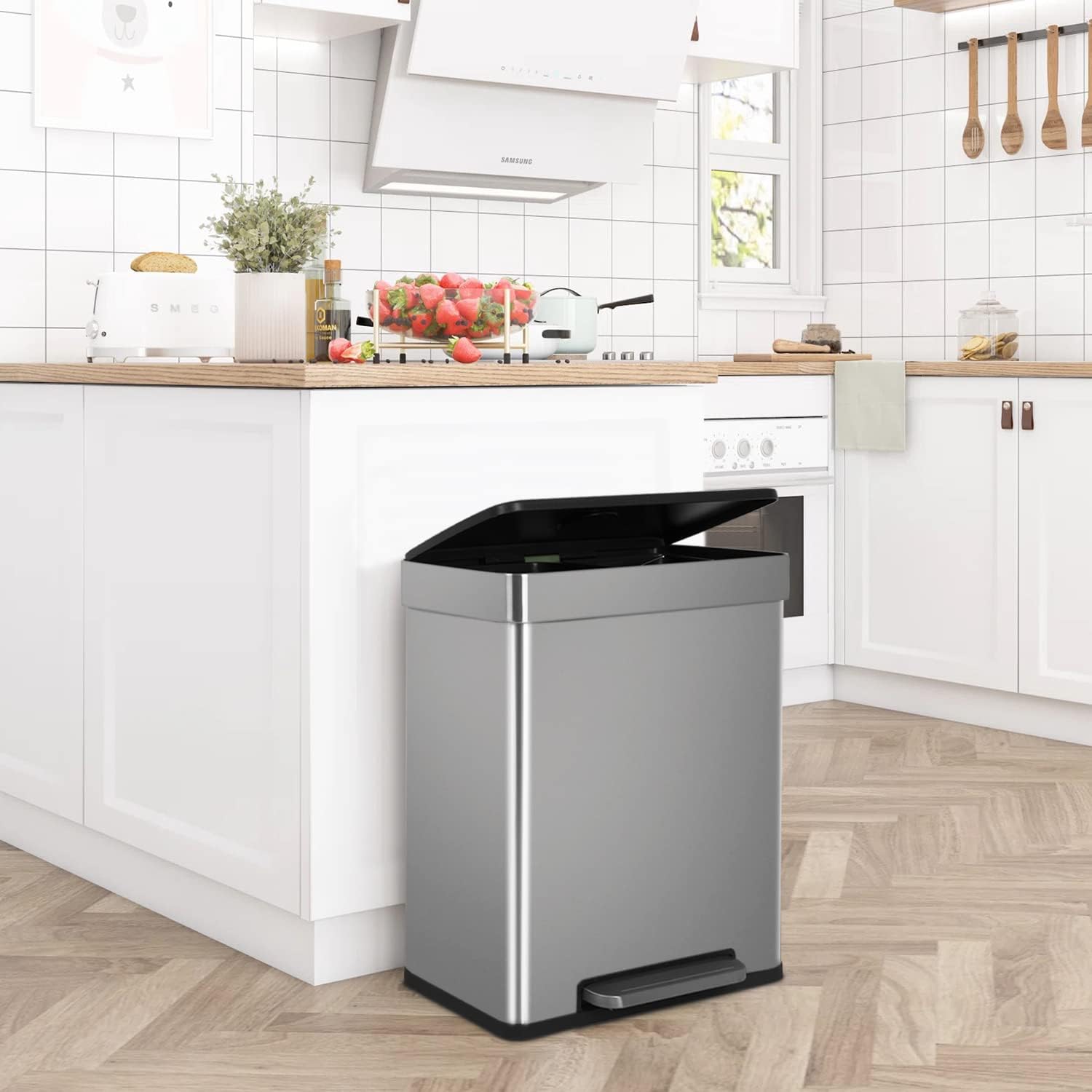 15 Gallon/56 L Kitchen Trash Can, Stainless Steel Double Trash Can with Lid, Double Barrels Garbage Can, Fingerprint-Resistant Finish, Step Trash Can with Soft Close Lid for Kitchen Bedroom Office