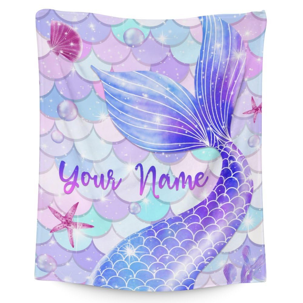 Custom Kids Blanket for Girls with Name, Gift for Mermaids Lovers, 60 x 50 Inches Mermaid Blanket for Kids, Warm Flannel Throw Mermaid Tail Blanket, Soft Glitter Throws for Bed, Couch Office Travel