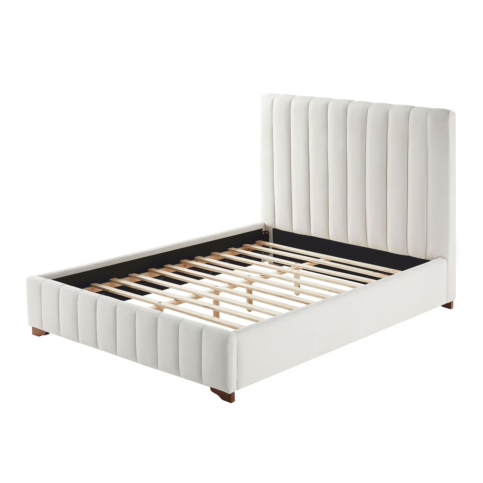 KOYVRY Tall Headboard Bed Frame - Upholstered Bed Frame with Vertical Stitching Design and Wingback Design, Bedframe with Wooden Slat Support, No Box Spring Needed (White, Queen)