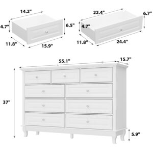 TAMUNE Chest of Drawers 9 Drawer Dresser for Bedroom, Modern White Dresser with Silver Knobs, Wide 9 Drawer Chest with Wood Legs for Bedroom Living Room, 15.7”D x 55.1”W x 37”H