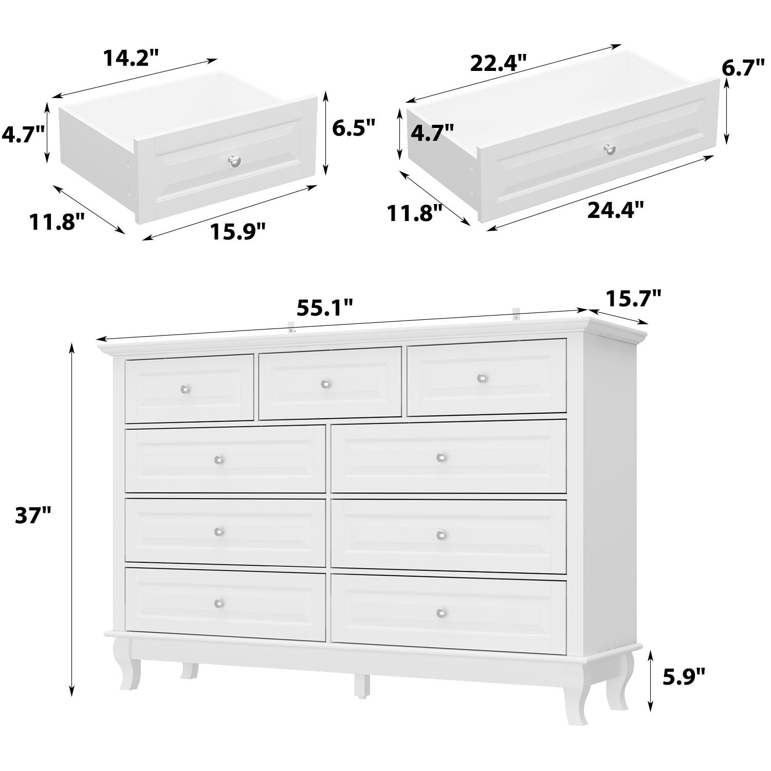 TAMUNE Chest of Drawers 9 Drawer Dresser for Bedroom, Modern White Dresser with Silver Knobs, Wide 9 Drawer Chest with Wood Legs for Bedroom Living Room, 15.7”D x 55.1”W x 37”H