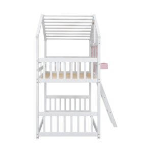 Harper & Bright Designs House Bunk Bed Twin Over Twin for Kids, Wood Bunk Beds with Roof, Windows, Window Box and Small Door, Floor Bunk Beds with Ladder and Guard Rails for Girls Boys,Pink