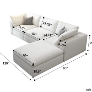 Cloud Modular Sectional Sofa with Storage Ottoman,120" L Shaped Sectional Couches for Living Room,Down Filled Comfort Minimalist Deep Sofa Couches for Office Apartment (White, 3 Seater+1 Ottoman)