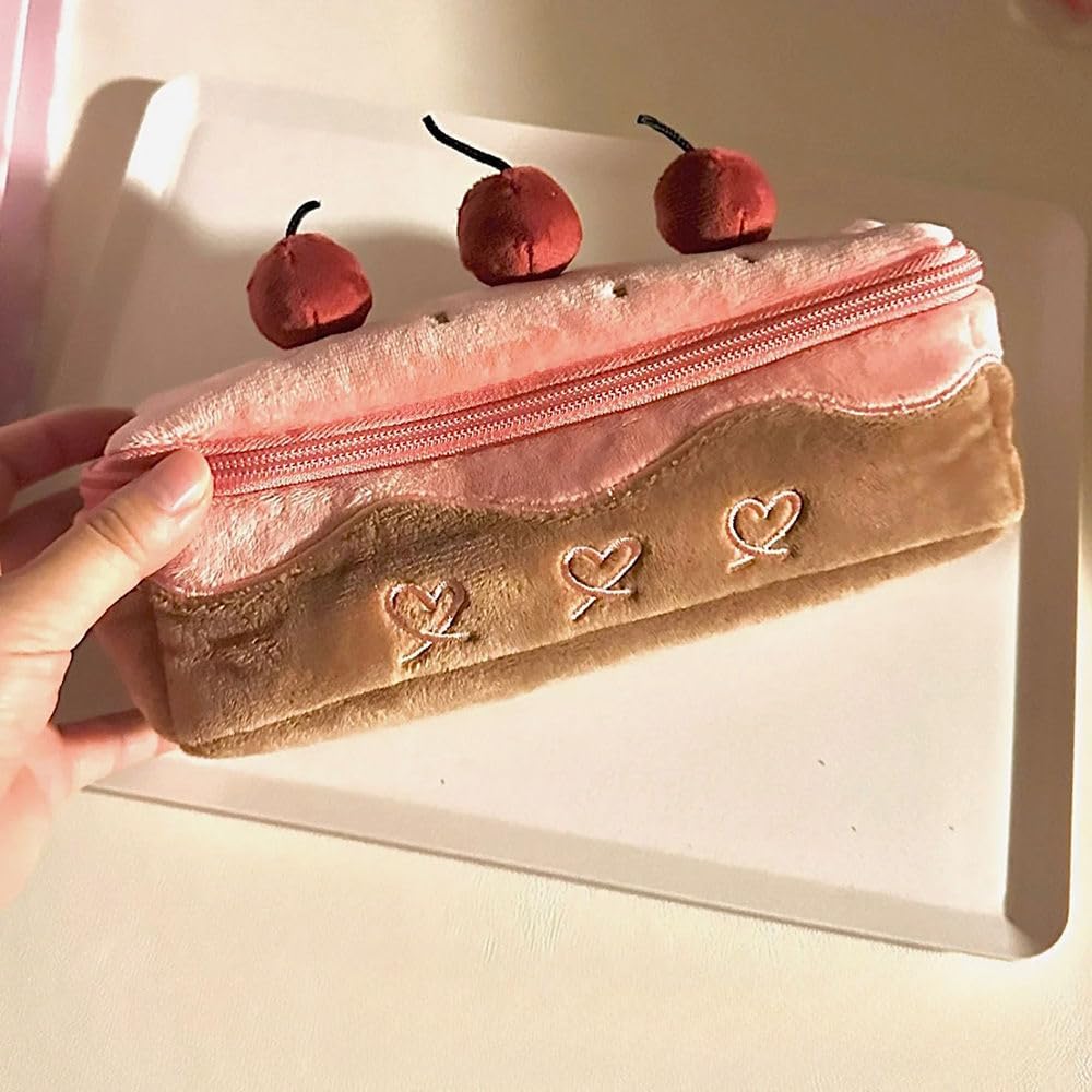 XZR Cake Pencil Case Box Stocking Stuffers Cute Creative Lifelike Cherry Cake Pen Bag Large Capacity Zipper Organizer Storage Box Stylish Nice Gift