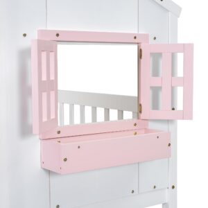 Harper & Bright Designs House Bunk Bed Twin Over Twin for Kids, Wood Bunk Beds with Roof, Windows, Window Box and Small Door, Floor Bunk Beds with Ladder and Guard Rails for Girls Boys,Pink