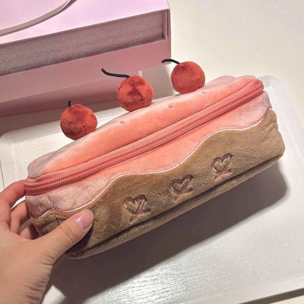 XZR Cake Pencil Case Box Stocking Stuffers Cute Creative Lifelike Cherry Cake Pen Bag Large Capacity Zipper Organizer Storage Box Stylish Nice Gift