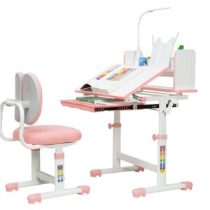 MOOITZ Kids Desk and Chair Set, Height-Adjustable Desk for Kids, Kid Desk with Led Lamps, Childrens Desk with 60° Tilting Tabletop, Upholstered Recliner and Multiple Extra-Large Storage Drawer (Pink)