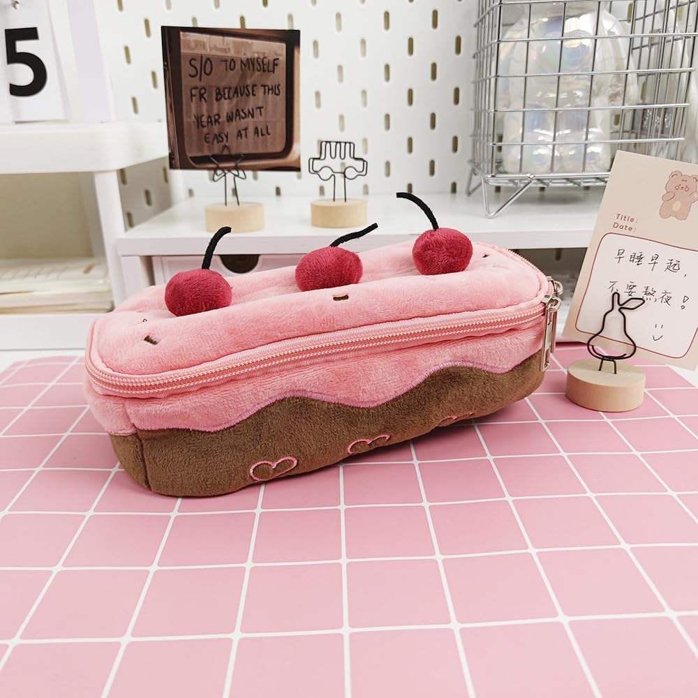 XZR Cake Pencil Case Box Stocking Stuffers Cute Creative Lifelike Cherry Cake Pen Bag Large Capacity Zipper Organizer Storage Box Stylish Nice Gift