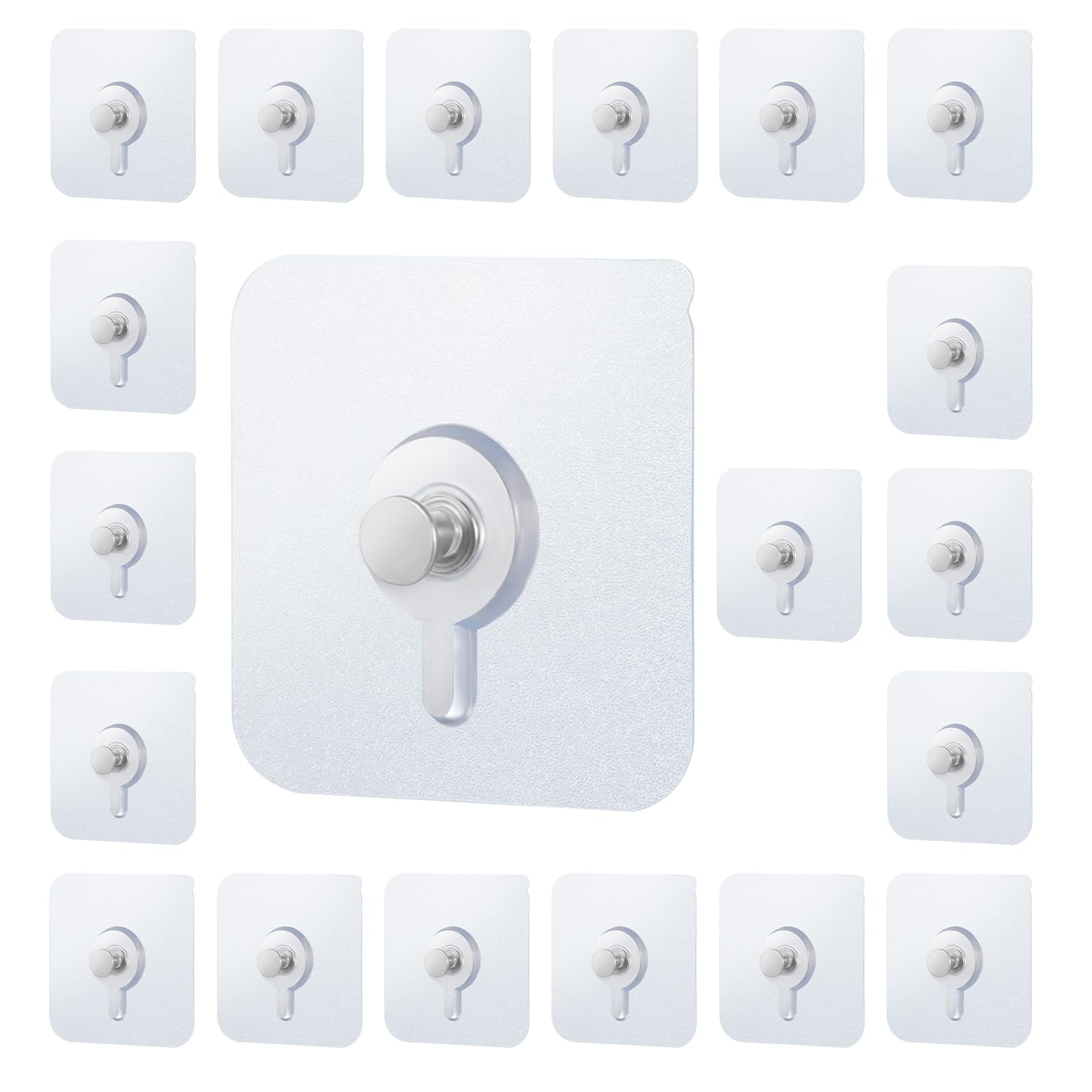 20 Pack Heavy Duty Drill Free Adhesive Hooks for Hanging, No-Trace Sticker Wall Frame Picture Hangers Without Nails, Transparent Stick on Hooks with Waterproof and Oilproof for Kitchen, Bathroom