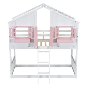 Harper & Bright Designs House Bunk Bed Twin Over Twin for Kids, Wood Bunk Beds with Roof, Windows, Window Box and Small Door, Floor Bunk Beds with Ladder and Guard Rails for Girls Boys,Pink